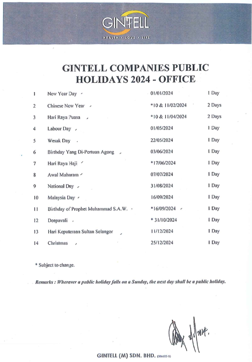 Gintell Intranet | Gintell - Public Holiday