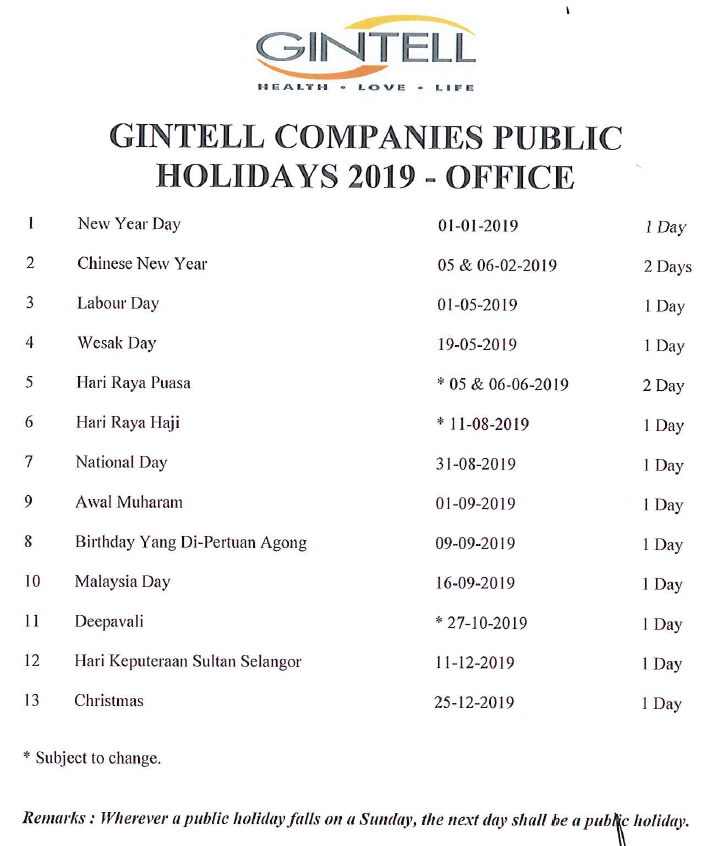 Gintell Intranet | Gintell - Public Holiday