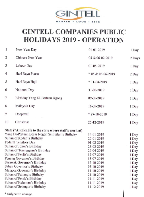 Gintell Intranet | Gintell - Public Holiday